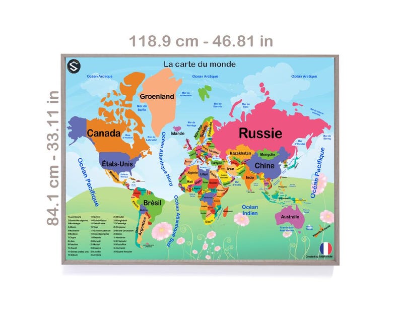 La Carte Du Monde | FRENCH World Map With 5 Backgrounds | Large Poster ...