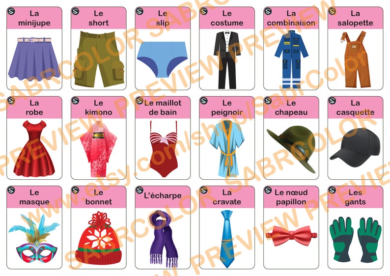 FRENCH Clothes Vocabulary Printable Flashcards for Nursery - Etsy