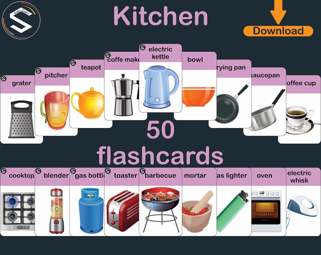 ENGLISH Kitchen Flashcards / Printable Kitchen Vocabulary / Household ...