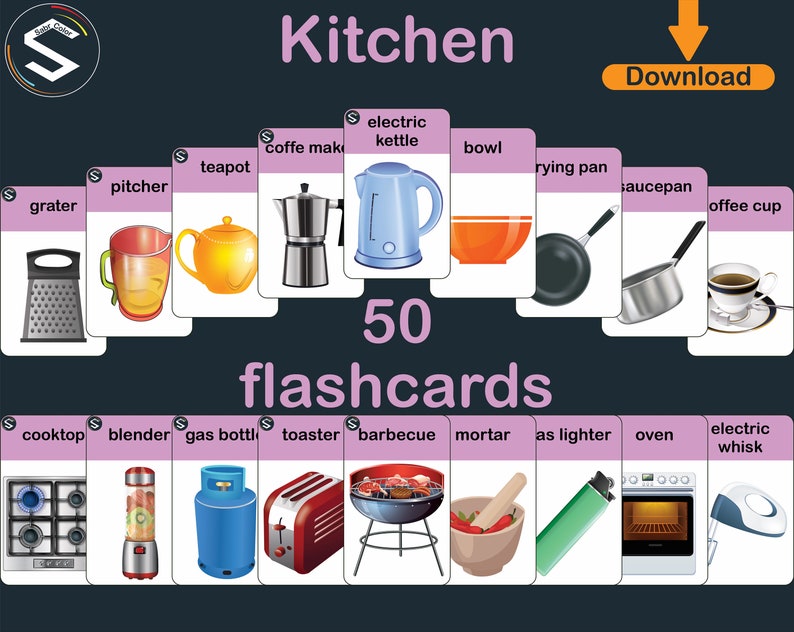 ENGLISH Kitchen Flashcards / Printable Kitchen Vocabulary / Household ...