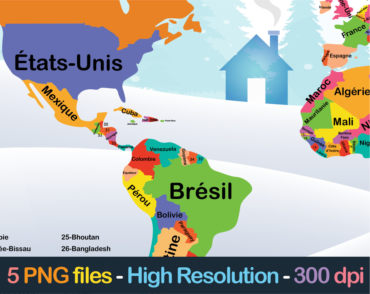 La Carte Du Monde FRENCH World Map With Winter Background Large Poster ...