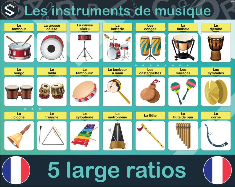FRENCH Musical Instruments Vocabulary Large Printable Poster - Etsy