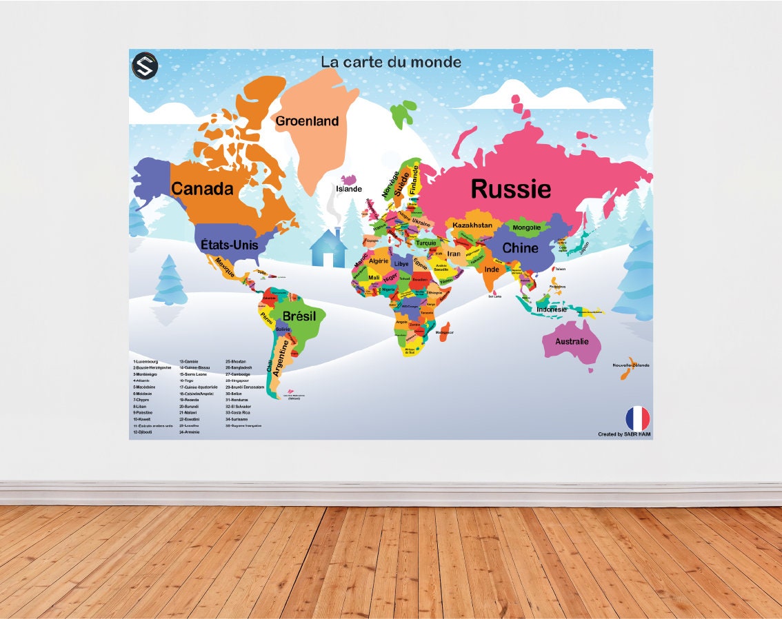 La Carte Du Monde FRENCH World Map With Winter Background Large Poster ...