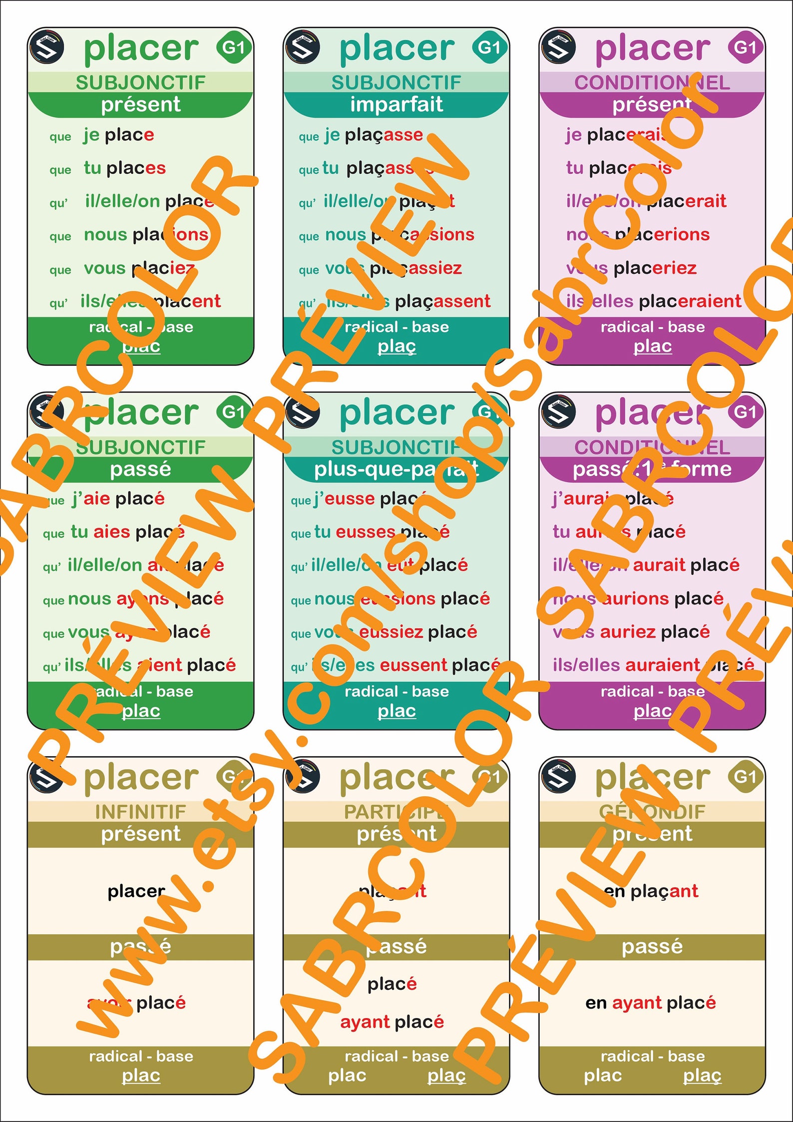 Conjugaison Du Verbe PLACER à TOUS Les Temps French Verbs - Etsy