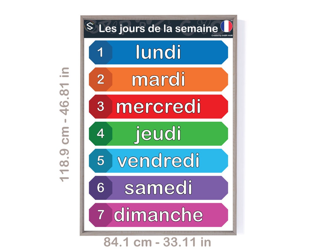 FRENCH Days of the Week Vocabulary Large Poster for Playrooms and ...