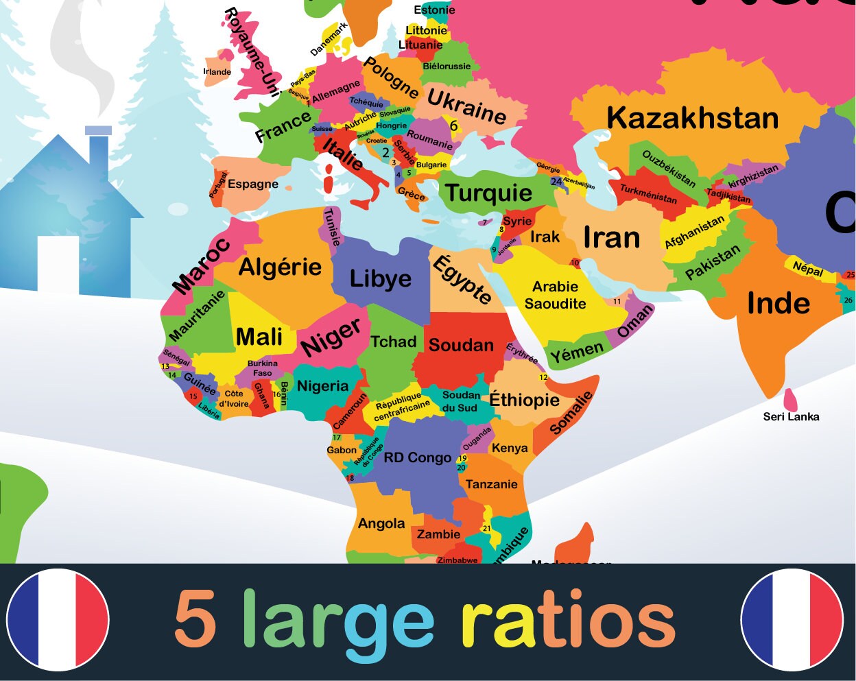 La Carte Du Monde FRENCH World Map With Winter Background Large Poster ...