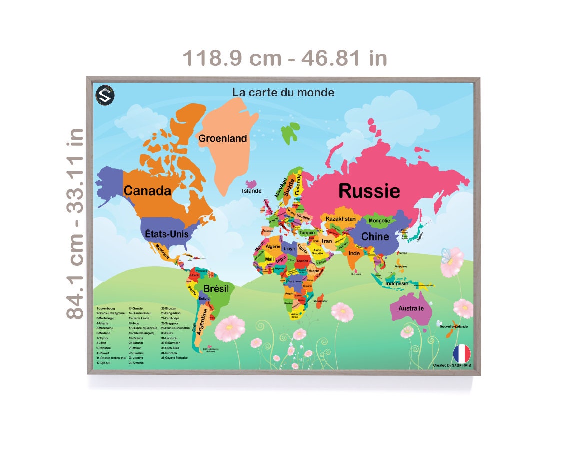 La Carte Du Monde FRENCH World Map With Nature Background Large Poster ...