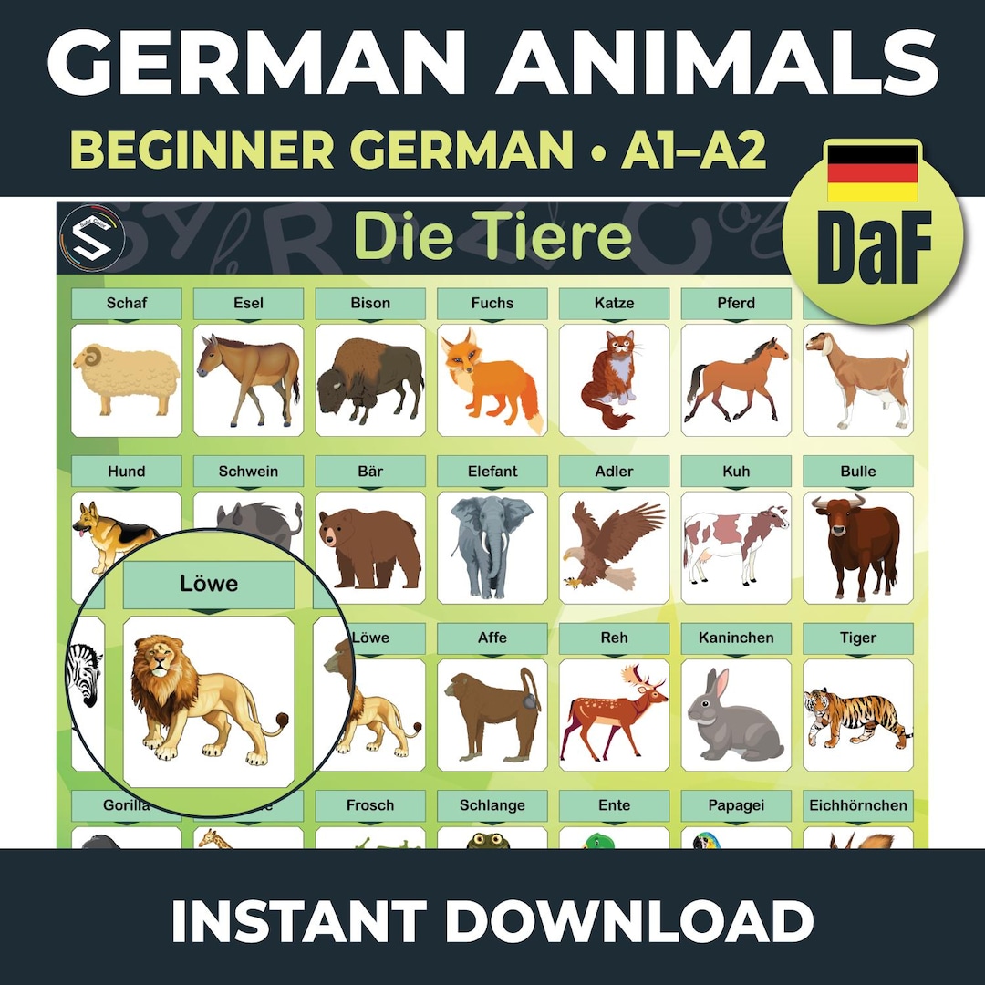 German Animals Poster | A1 A2 Vocabulary | Learn German Printable ...