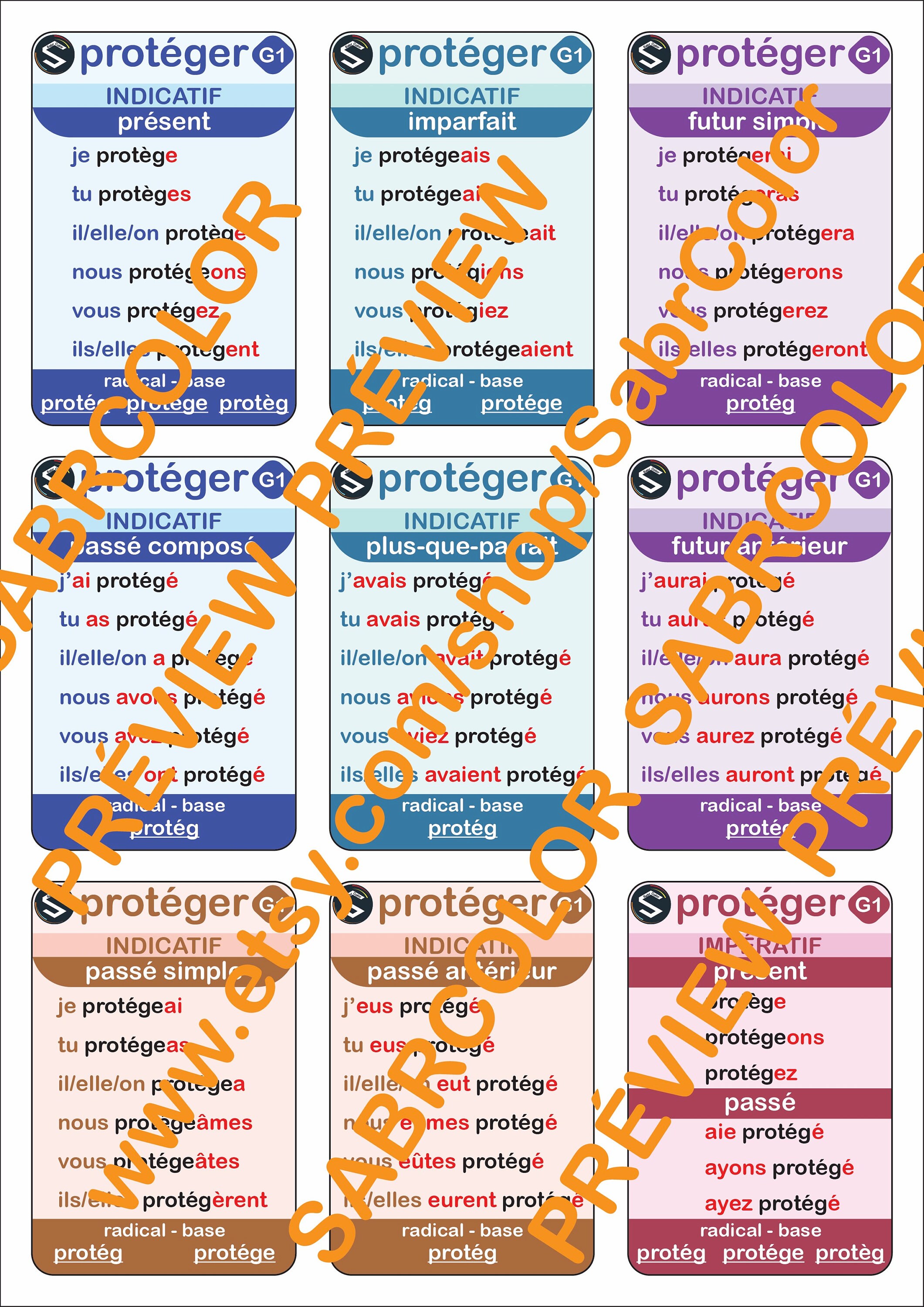 Le Verbe PROTÉGER à Tous Les Temps French Verbs - Etsy UK