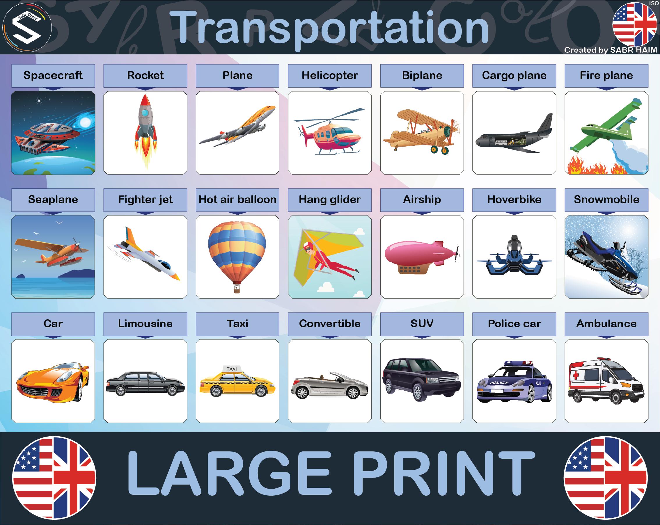 ENGLISH Transportation Vocabulary Poster for Kids, Vehicles Chart, ESL ...