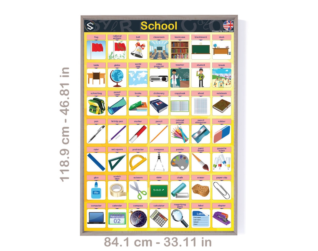 English School Supplies Vocabulary Extra Large Poster for Classrooms ...