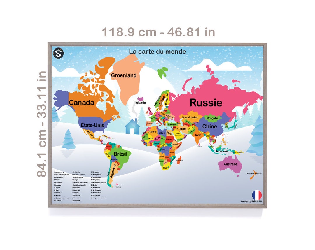 La Carte Du Monde FRENCH World Map With Winter Background Large Poster ...