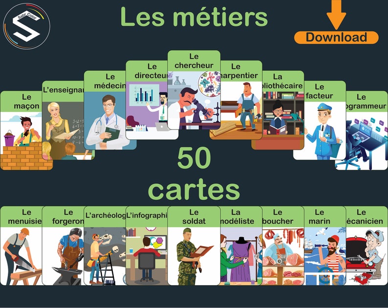 French Jobs Flashcards / Les métiers / Printable Jobs | Etsy