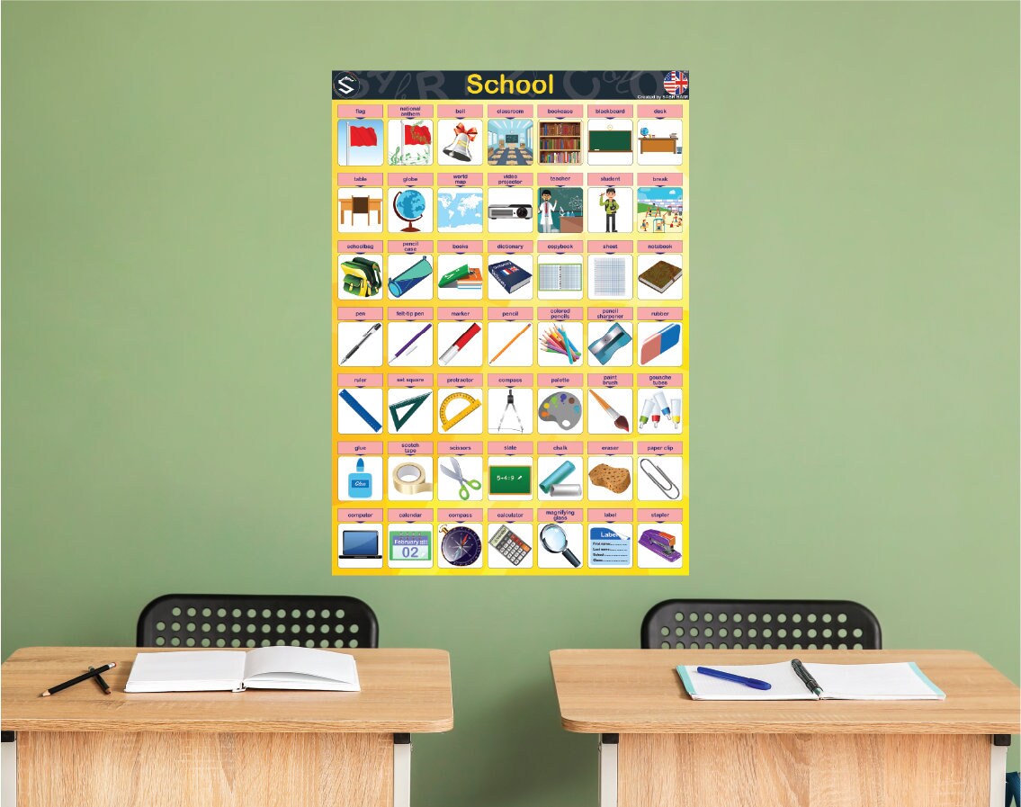 English School Supplies Vocabulary Extra Large Poster for Classrooms ...