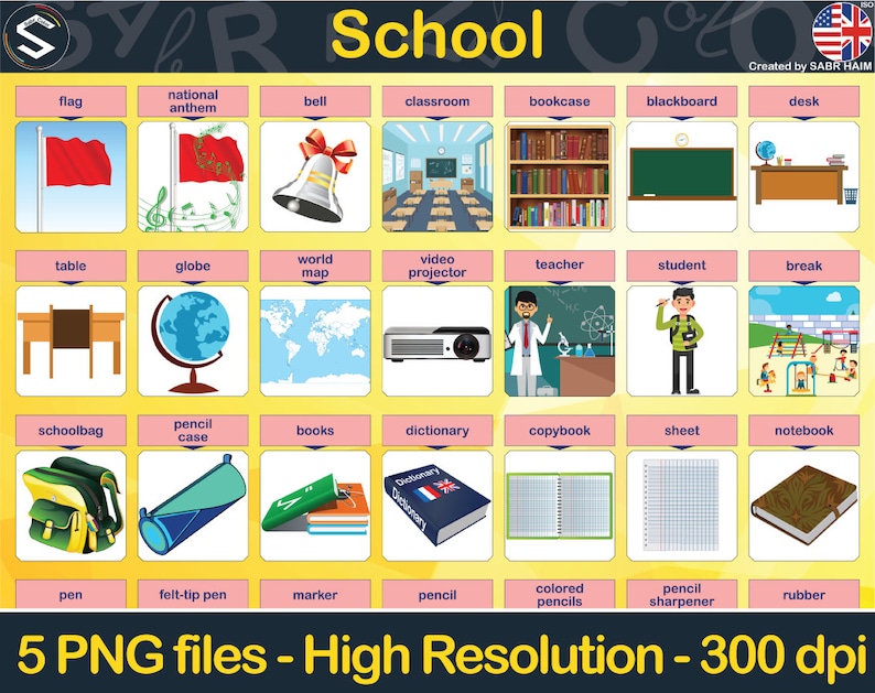 Vocabulario de útiles escolares en inglés Póster extra grande para ...