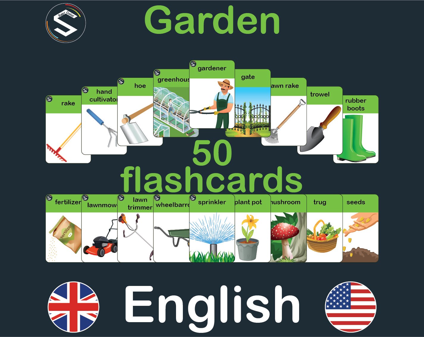 ENGLISH Garden Vocabulary Printable Flashcards Garden Tools Lexicon ...