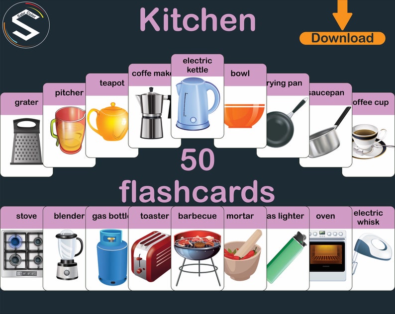 ENGLISH Kitchen Flashcards / Printable Kitchen Vocabulary / | Etsy