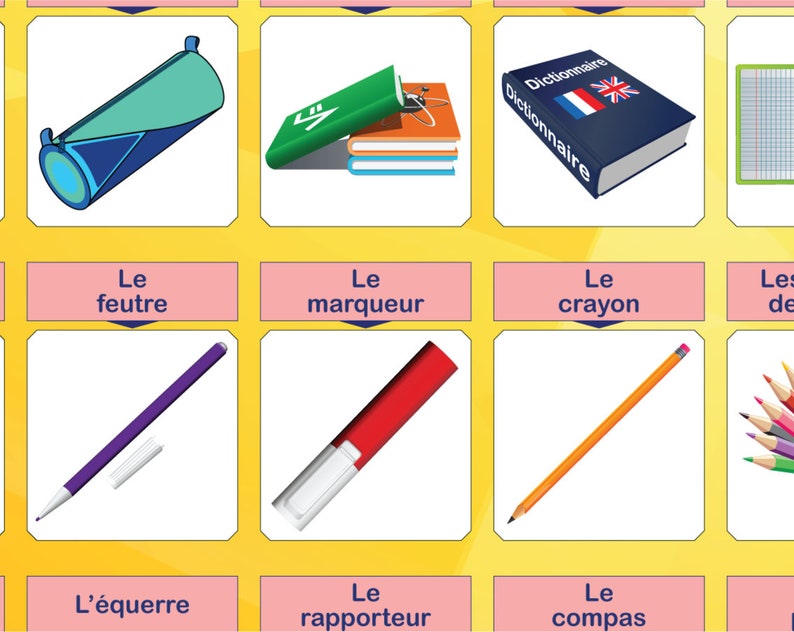 French School Supplies Vocabulary Printable Poster for Kids Playrooms ...