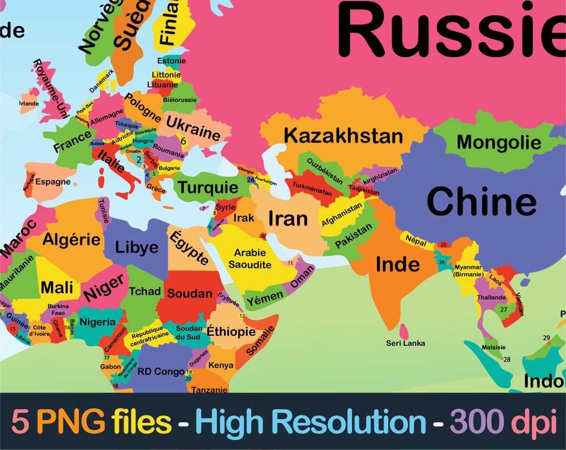 La Carte Du Monde FRENCH World Map With Nature Background Large Poster ...