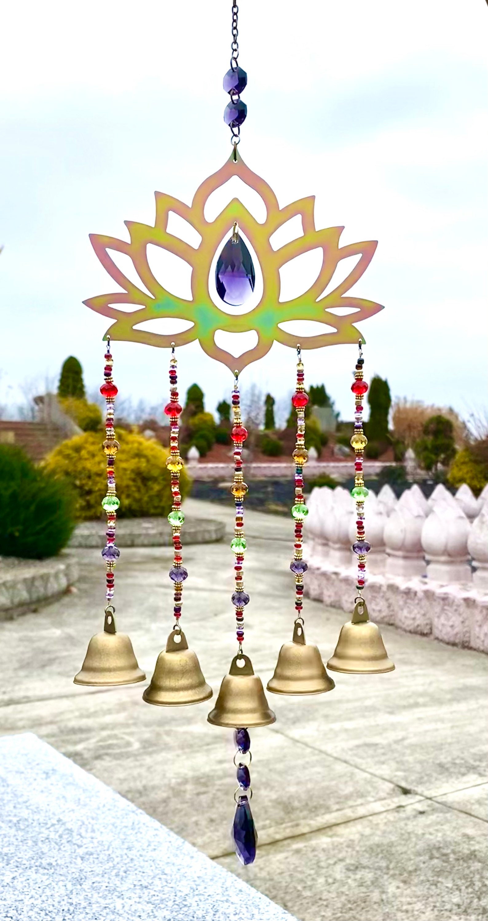 Multi Color With Violet Crystal Drop Lotus Bell Chime | Etsy