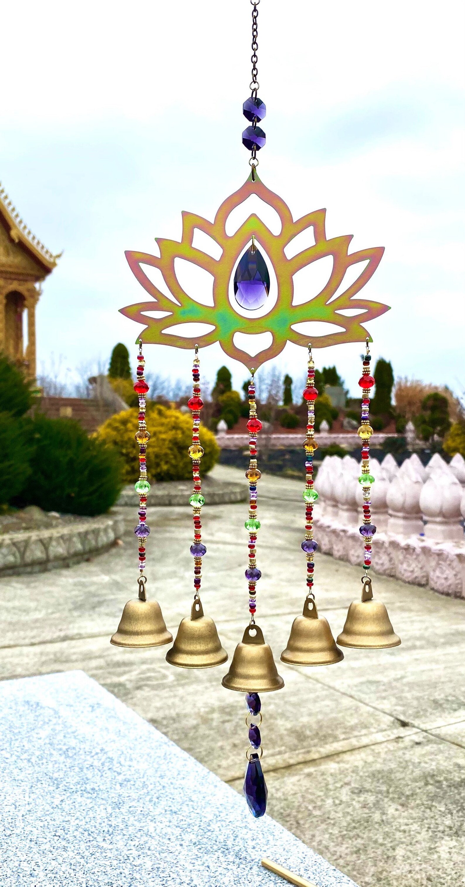 Multi Color With Violet Crystal Drop Lotus Bell Chime | Etsy