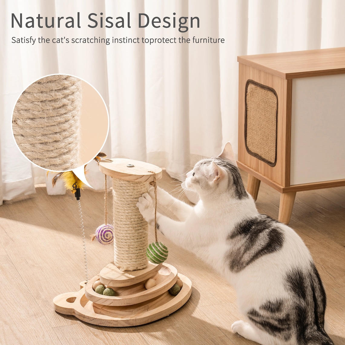 Wooden Cat Scratching Post With Sisal Balls Interactive Cat - Etsy