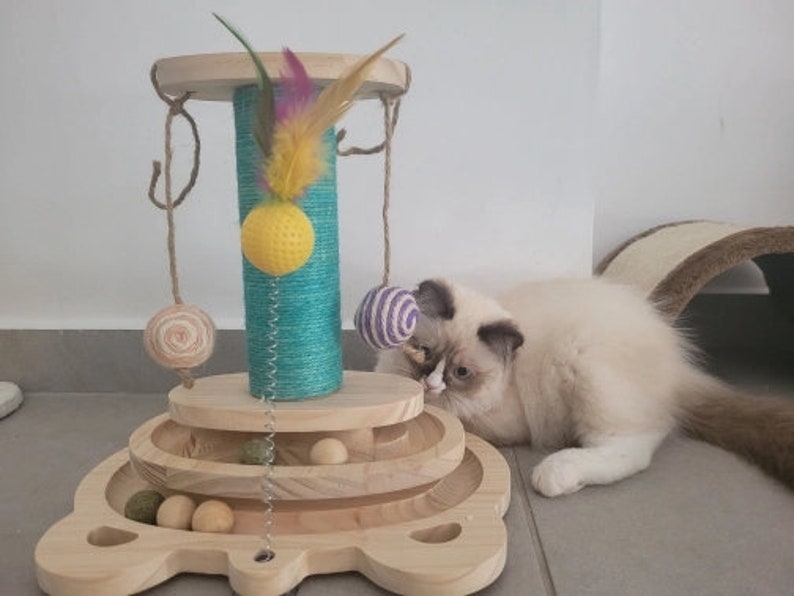 Wooden Cat Scratching Post With Sisal Balls Interactive Cat - Etsy