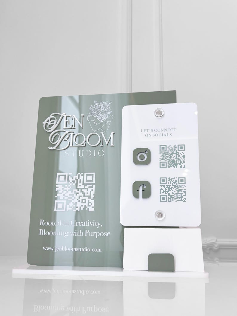 Custom Sage Green QR Code Sign With Card Holder - Acrylic Display With ...