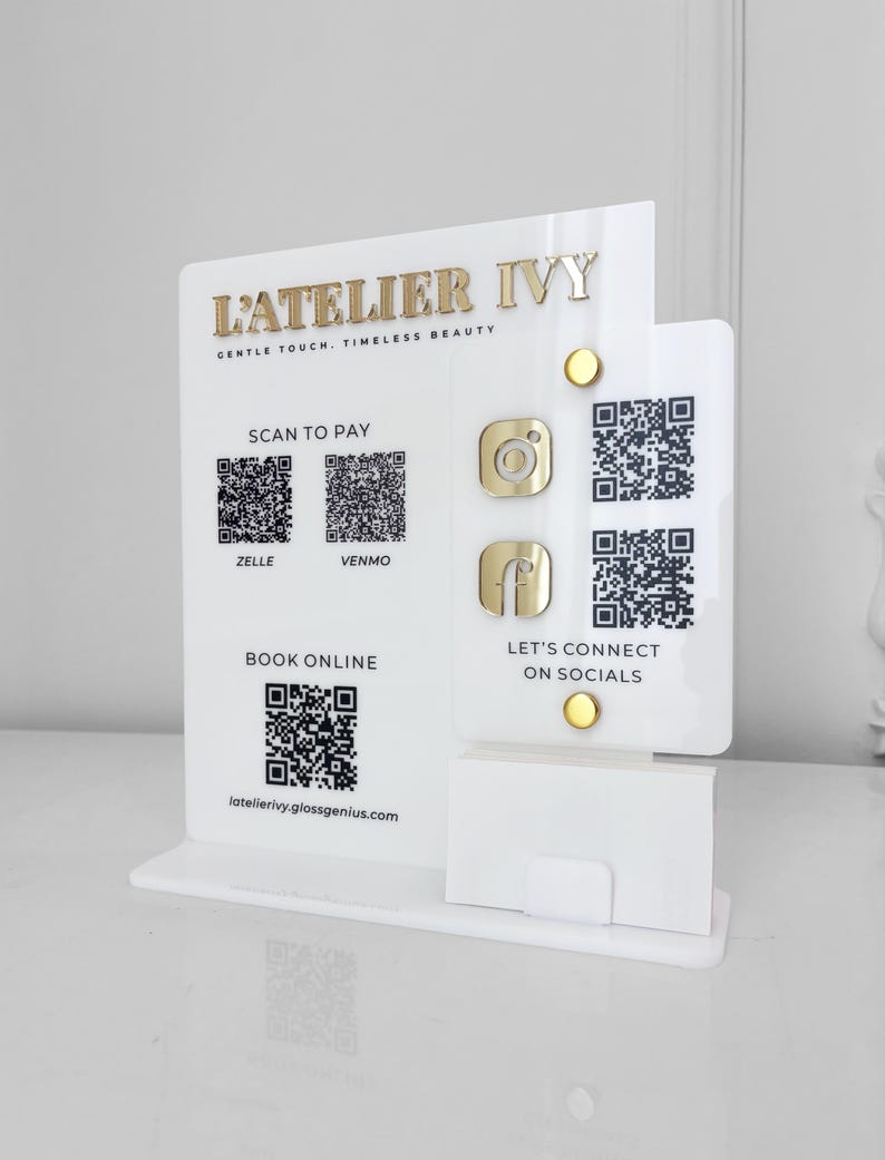 Salon QR Code Sign With Gold Mirror Logo & Social Media Icons - White ...