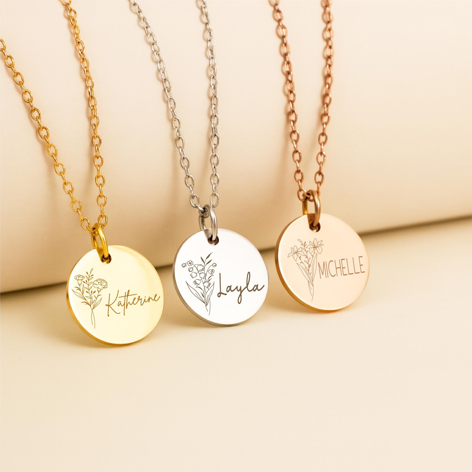 Personalized Birth Flower Necklace: Custom Engraved Name, Gold/silver ...