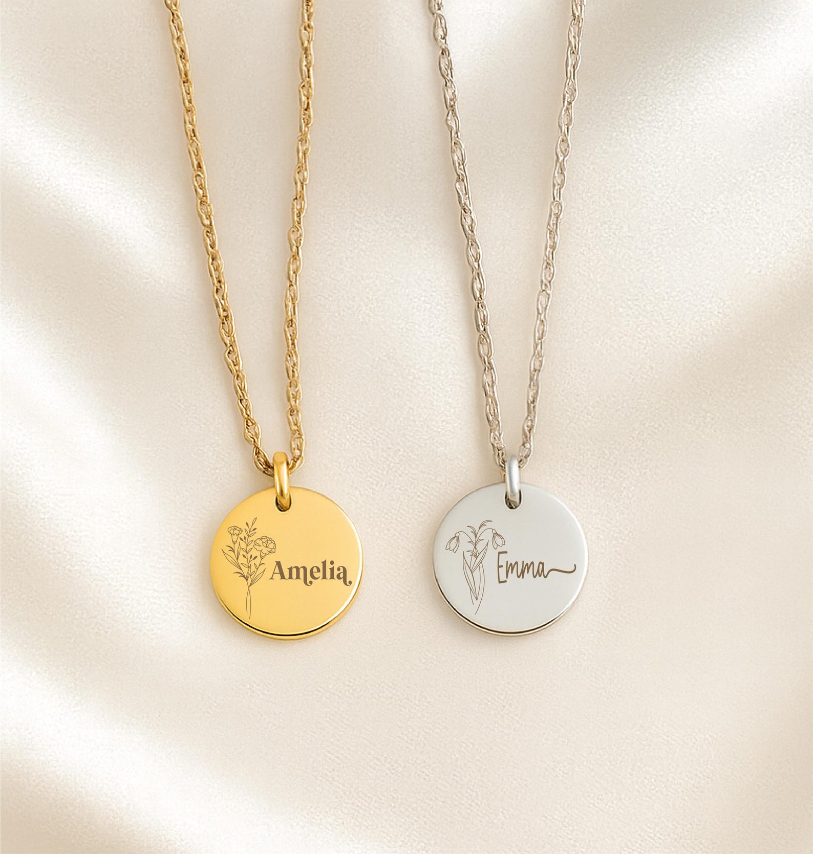 Personalized Birth Flower Necklace: Custom Engraved Name, Gold/silver ...