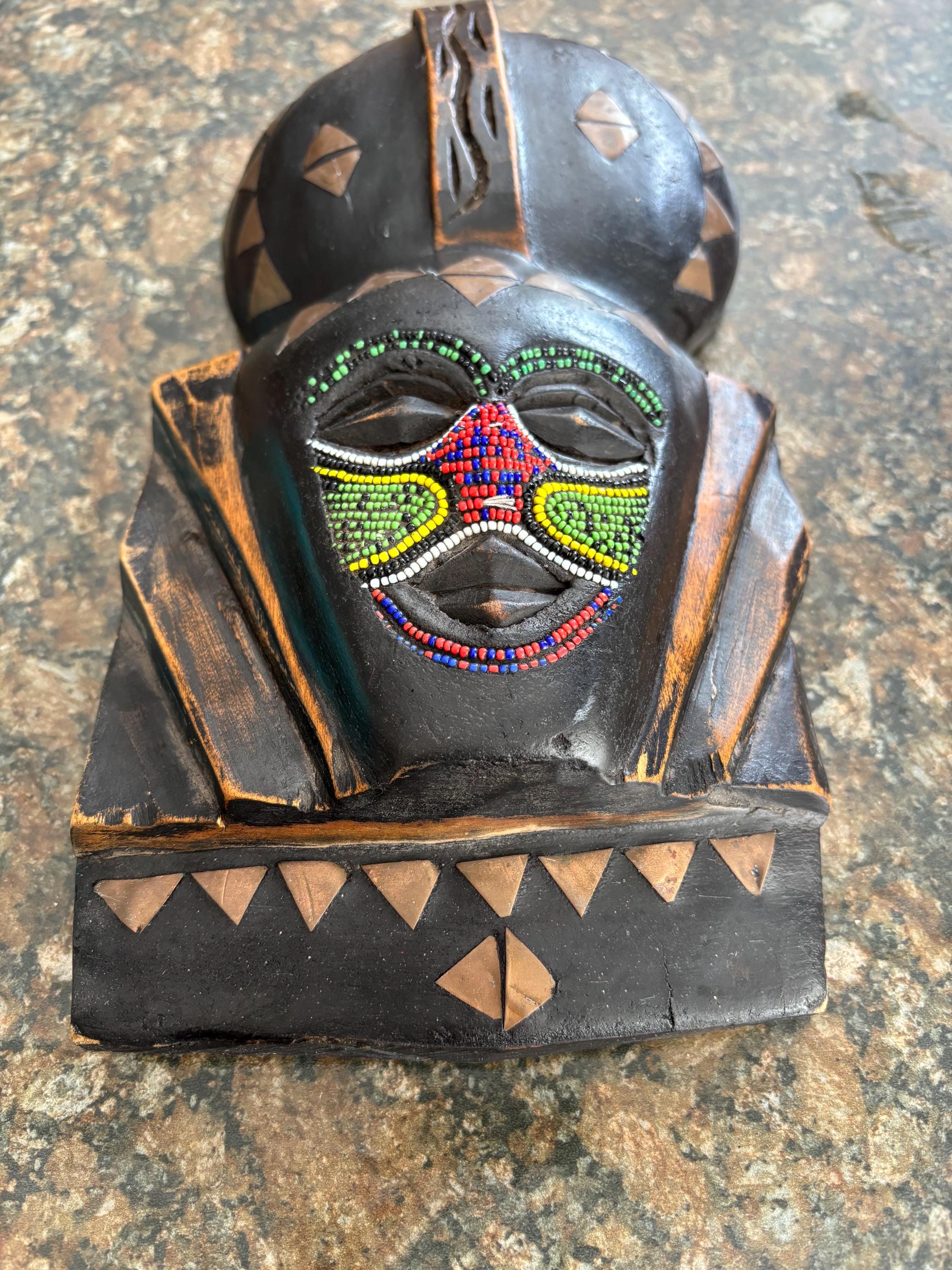 Hand Carved Beaded & Brass Inlaid Wooden Hanging African Mask From the ...