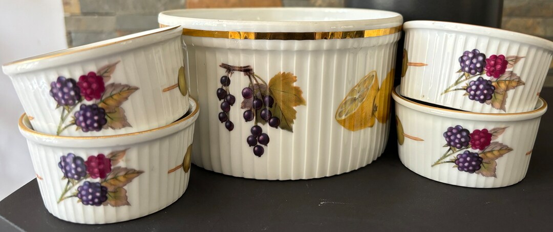 Vintage Royal Worcester Evesham Porcelain Soufflé Dish & Ramekins Set ...