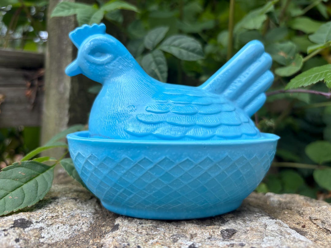 Vintage Heisy Blue Slag Glass Hen Chicken on Nest Lidded Trinket Dish ...