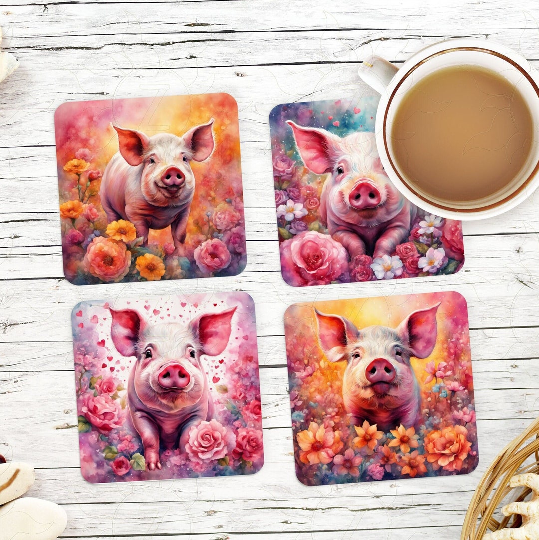 Pigs Pink Pig Coaster Colorful Cute 4pc Set Cute Neoprene 4" Square ...