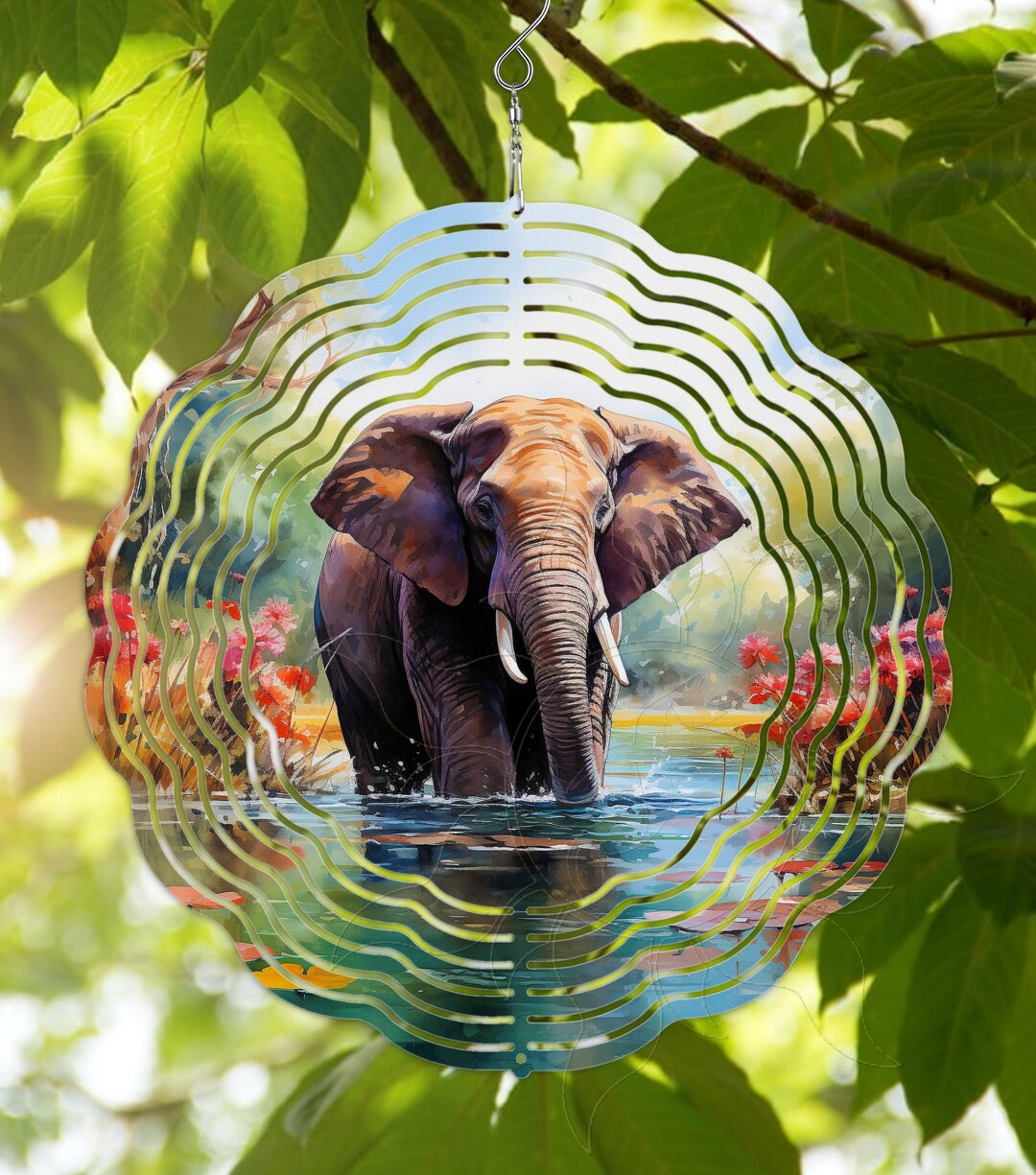 Elephant Wind Spinner Watercolor 3D Metal Garden Yard Patio Hanging 10 ...