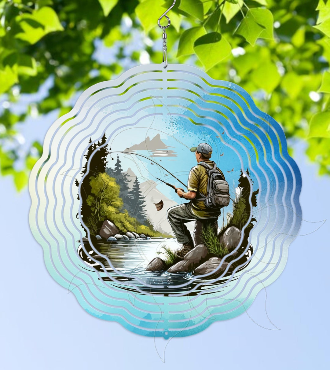 Fishing Fishman Wind Spinner 3D Metal Garden Patio Hanging 10 Inches ...