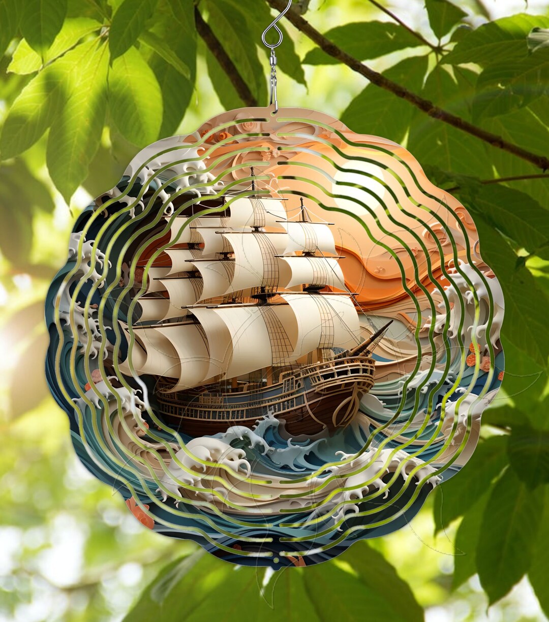 Ship Wind Spinner Sailboat Sunrise 3D Metal Garden Patio Hanging 10 ...