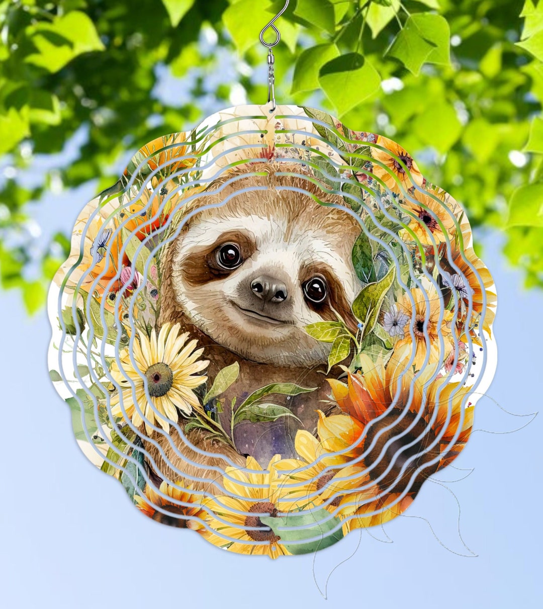 Wind Spinner Sloth Sloths Adorable Floral Sunflowers Design 3D Metal ...