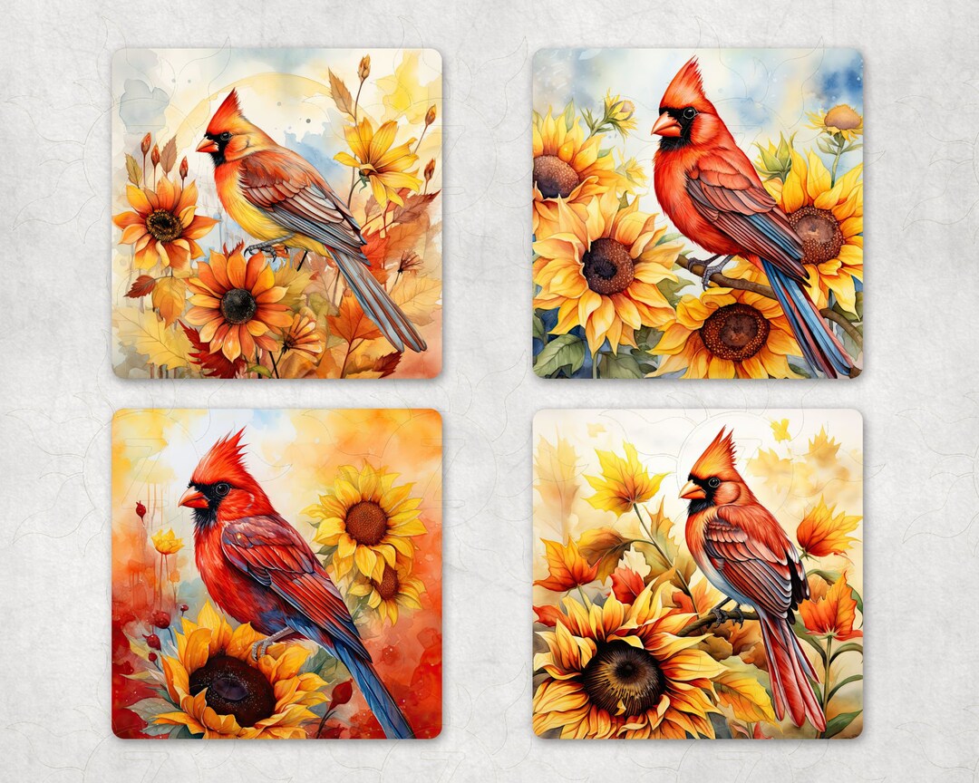 Coaster Cardinal Fall Autumn Sunflowers Cardinals Pretty 4pc - Etsy