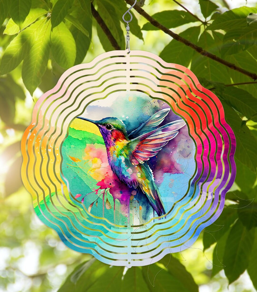 Wind Spinner Hummingbird Watercolor Rainbow Colors Pretty 3D Metal ...
