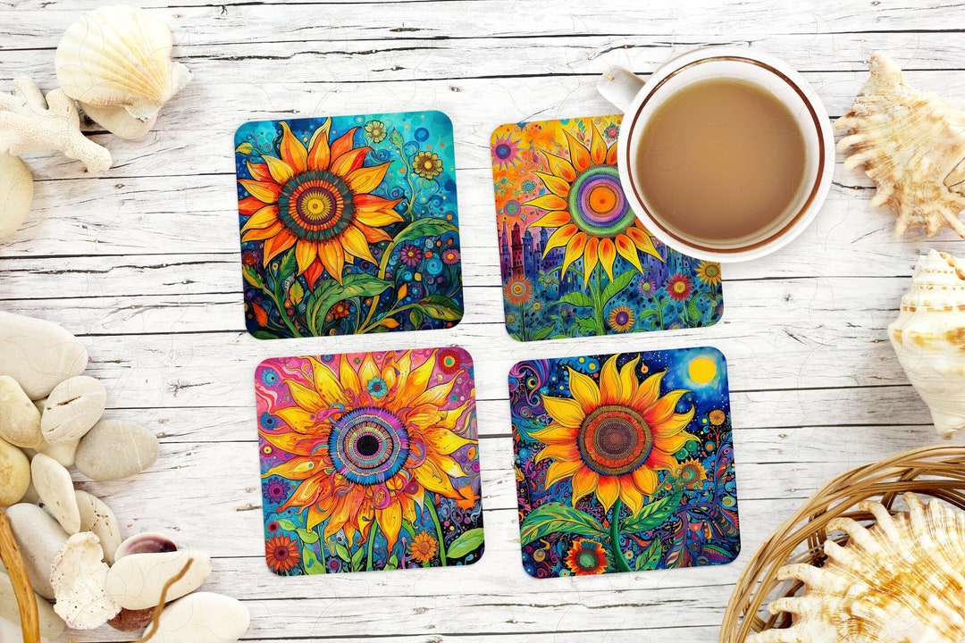 Sunflowers Coaster Beautiful Art Designs Colorful 4pc Set of Neoprene 4 ...