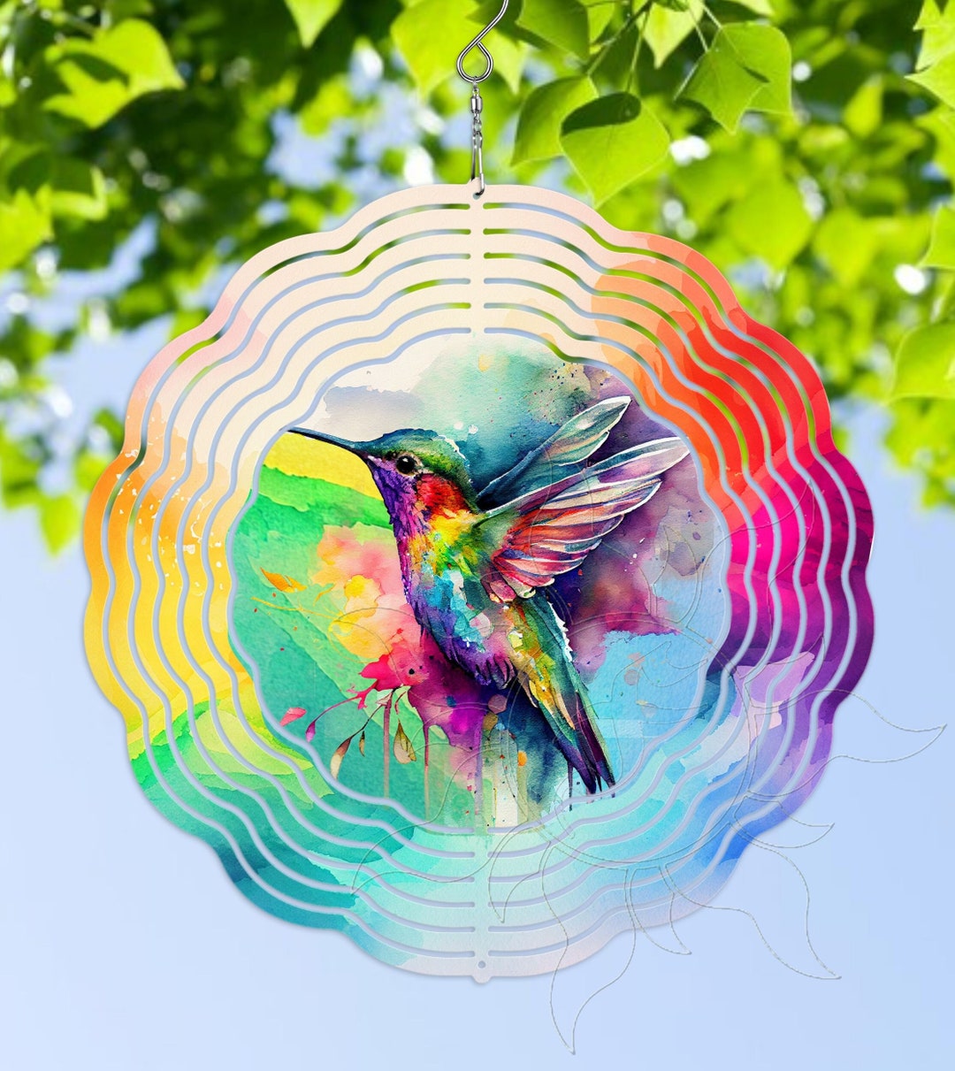 Hummingbird Watercolor Wind Spinner Rainbow Colors Pretty 3D Metal ...