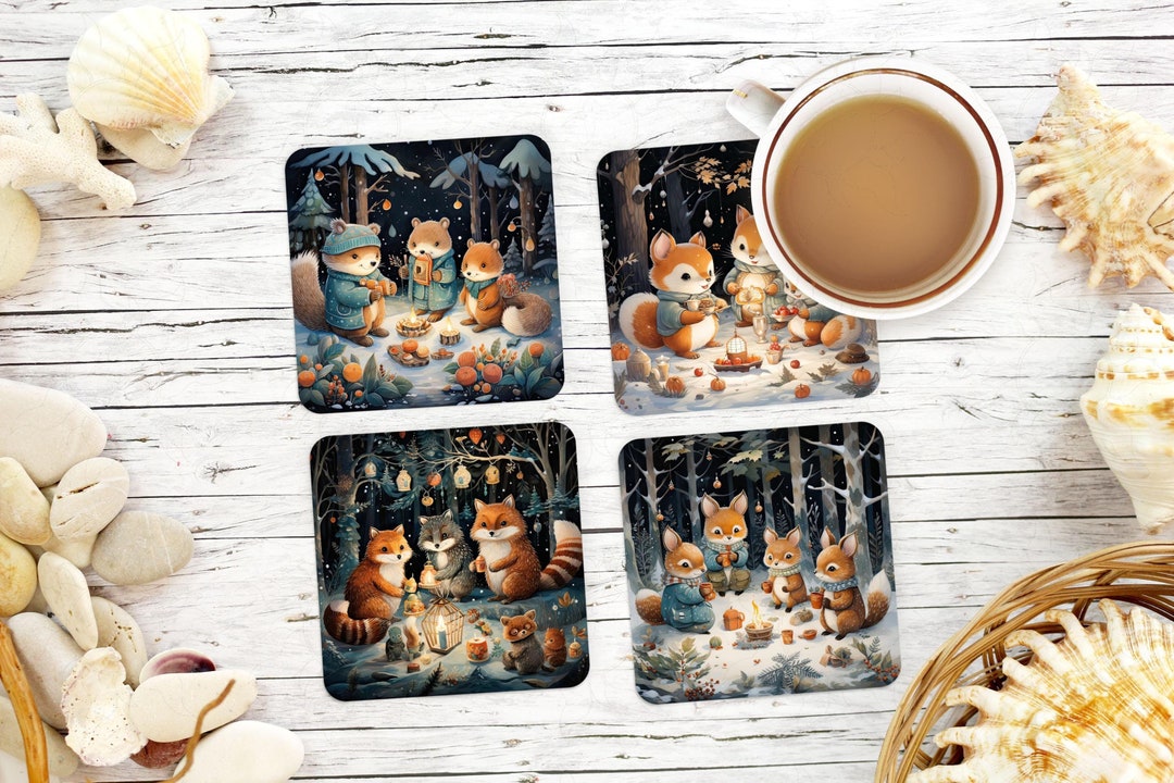 Coaster Woodland Tea Party Cute Animals 4pc Set Cute Neoprene 4
