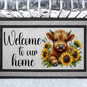 Doormat Welcome to Our Home Highland Cow With Sunflowers Mat Rug Heavy ...