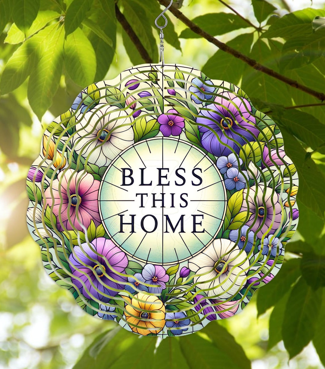 Bless This Home Wind Spinner Pretty Floral Mix 3D Metal Garden Yard ...