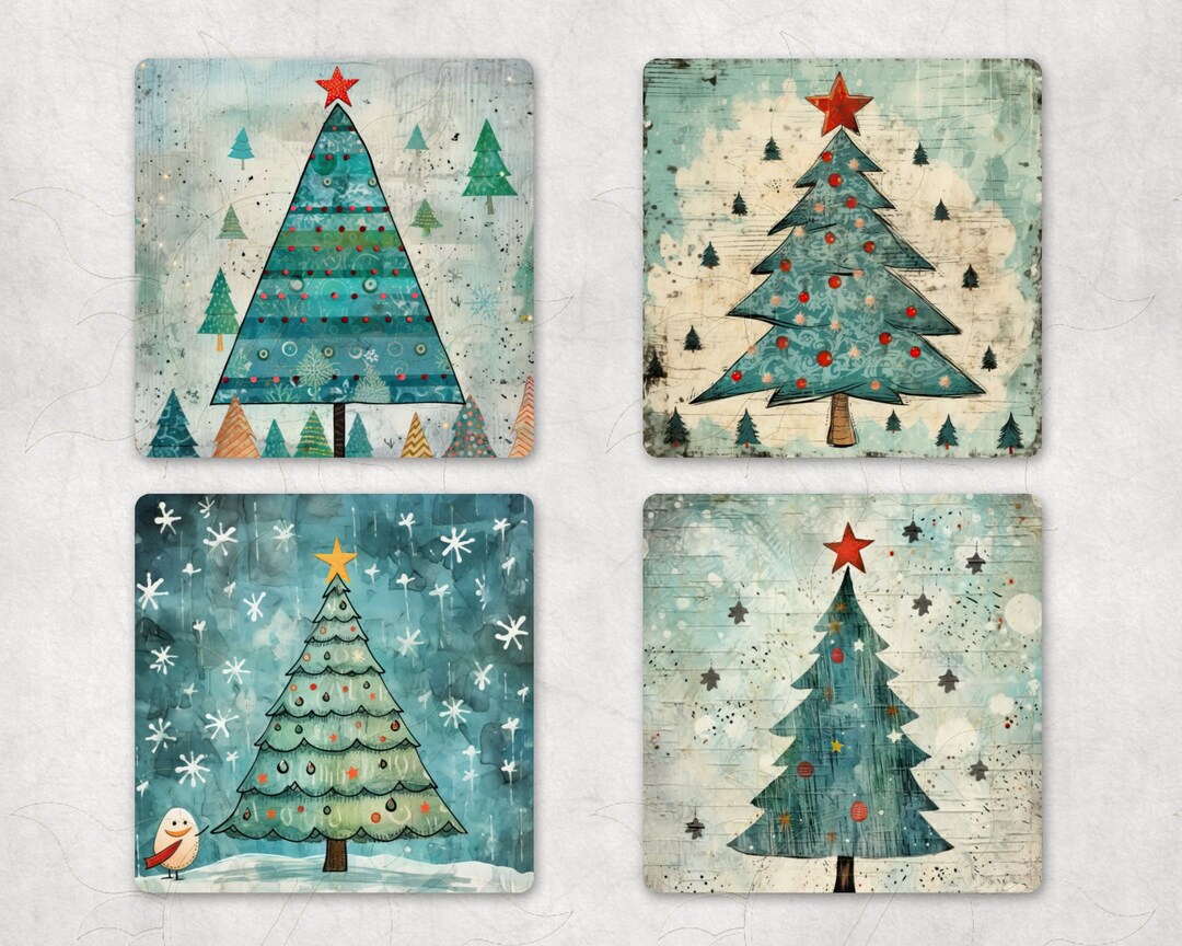 Coaster Colorful Holiday Christmas Trees 4pc Set Cute Neoprene 4 Square ...