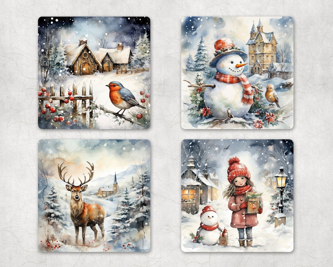 Coaster Winter Holiday Village Scene Pretty Snowman Deer Birds Child ...