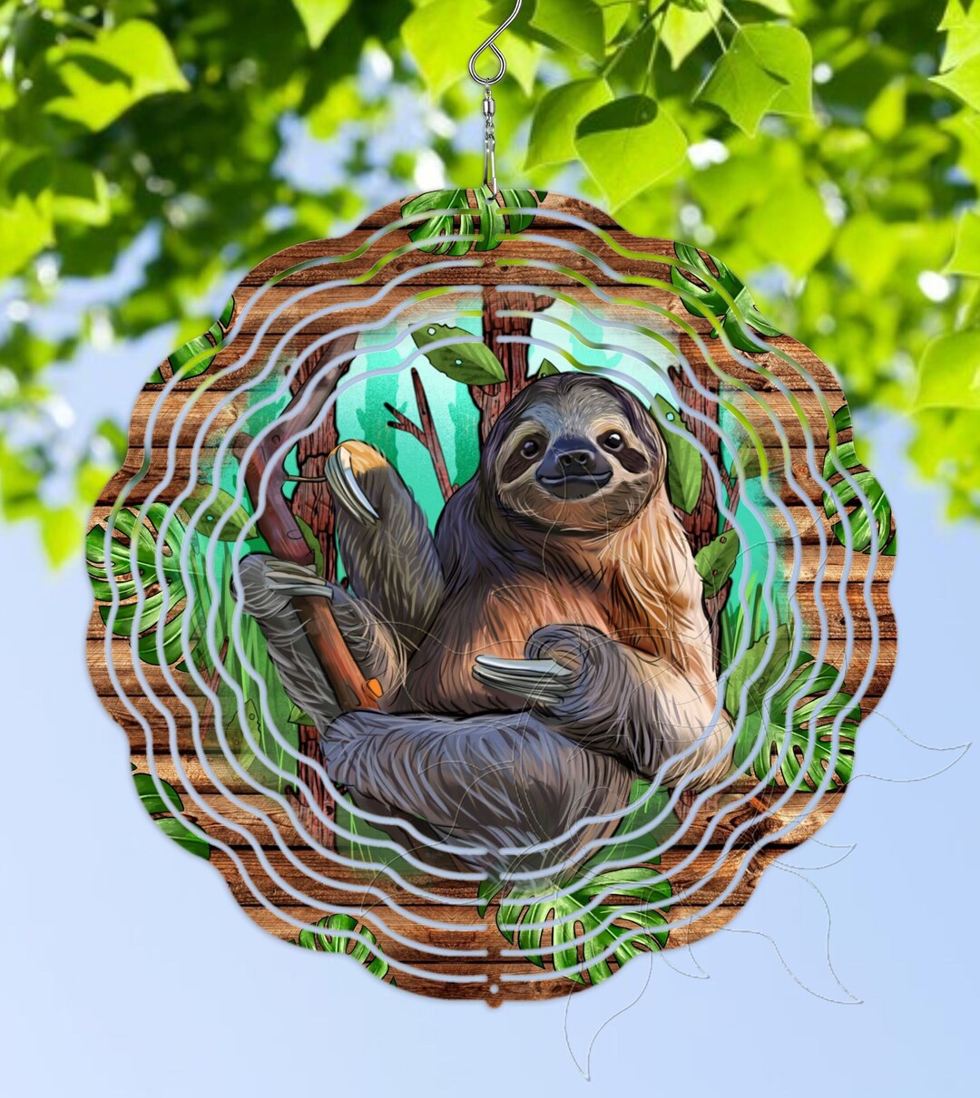 Wind Spinner Sloth Sloths Adorable Tree Wood Look Style Design 3D Metal ...