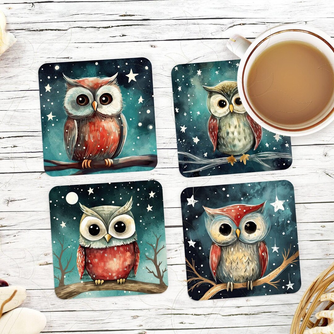 Owl Coaster Whimsical Festive Owls Cute 4pc Set Cute Neoprene 4" Square ...